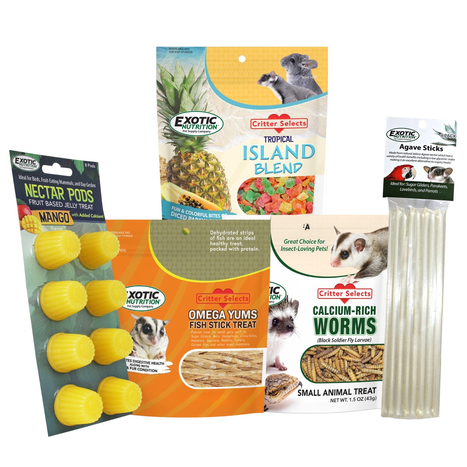 Exotic pet supplies including food, mealworms, treats and accessories.